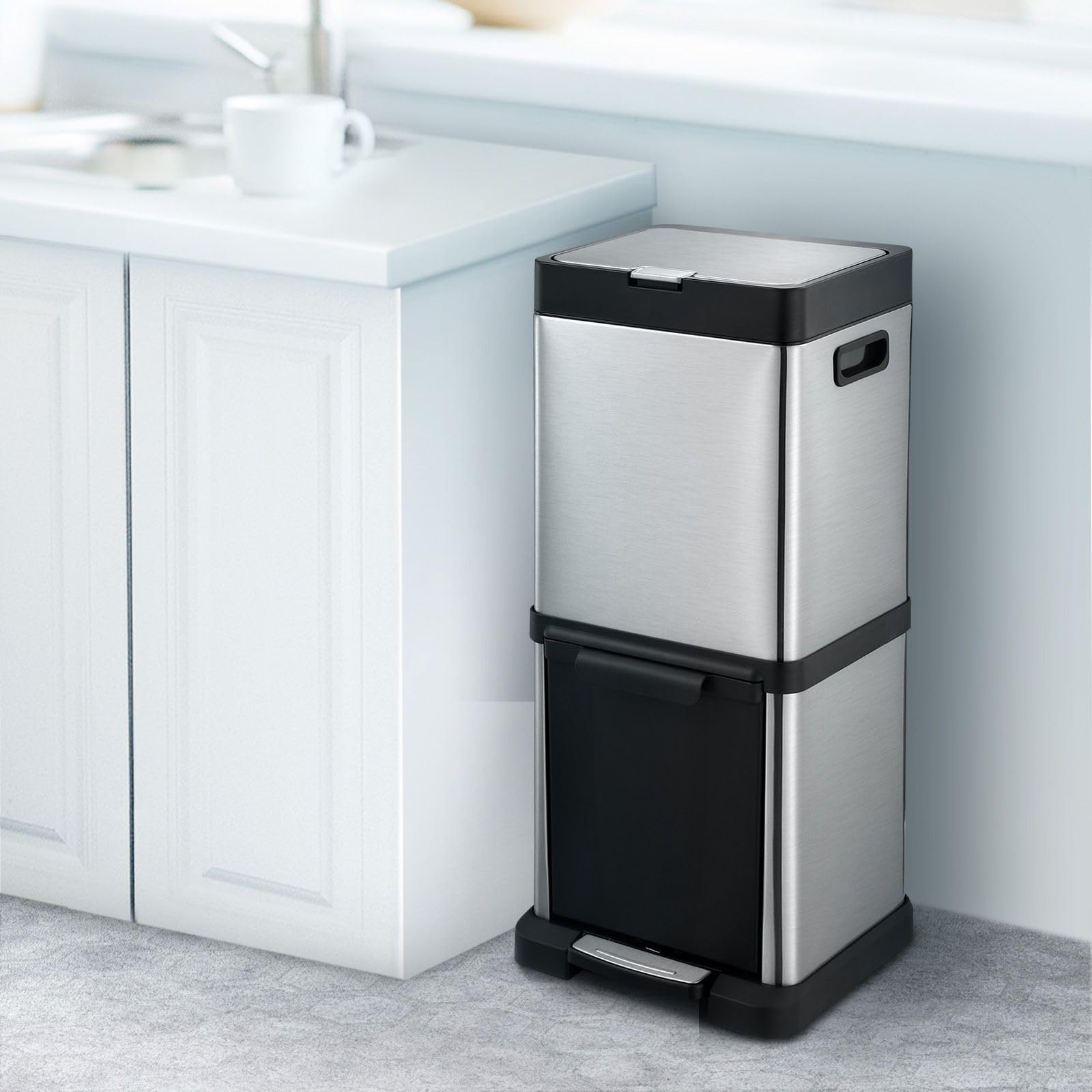 Maxkon 40L Dual Rubbish Bin Foot Pedal Garbage Bin Stainless Steel ...