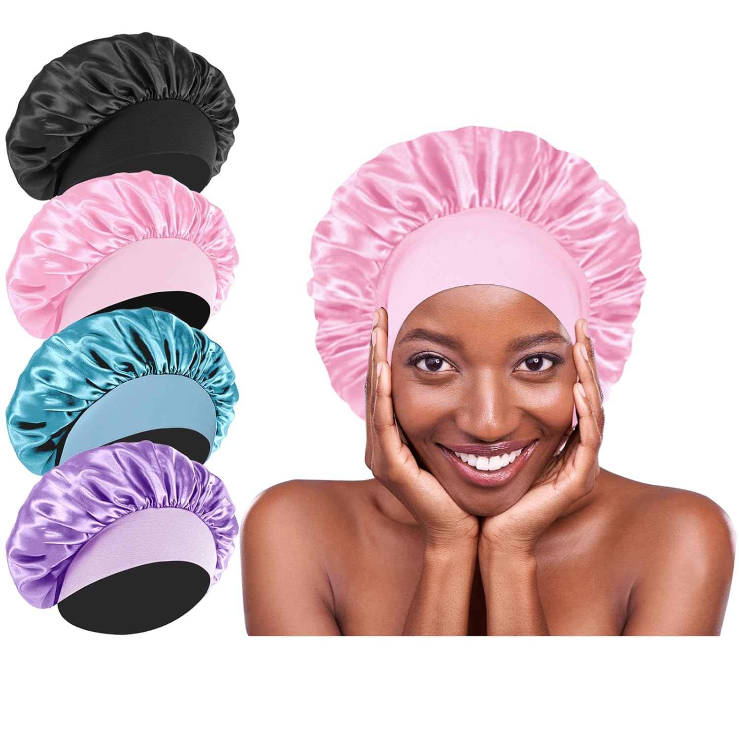 Amazon.com: 4Pcs Silk Satin Hair Bonnets for Sleeping - Elastic Wide ...