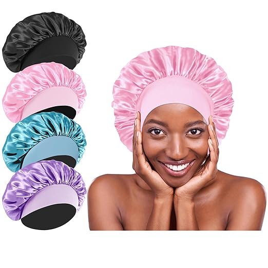 Amazon.com: 4Pcs Silk Satin Hair Bonnets for Sleeping - Elastic Wide ...