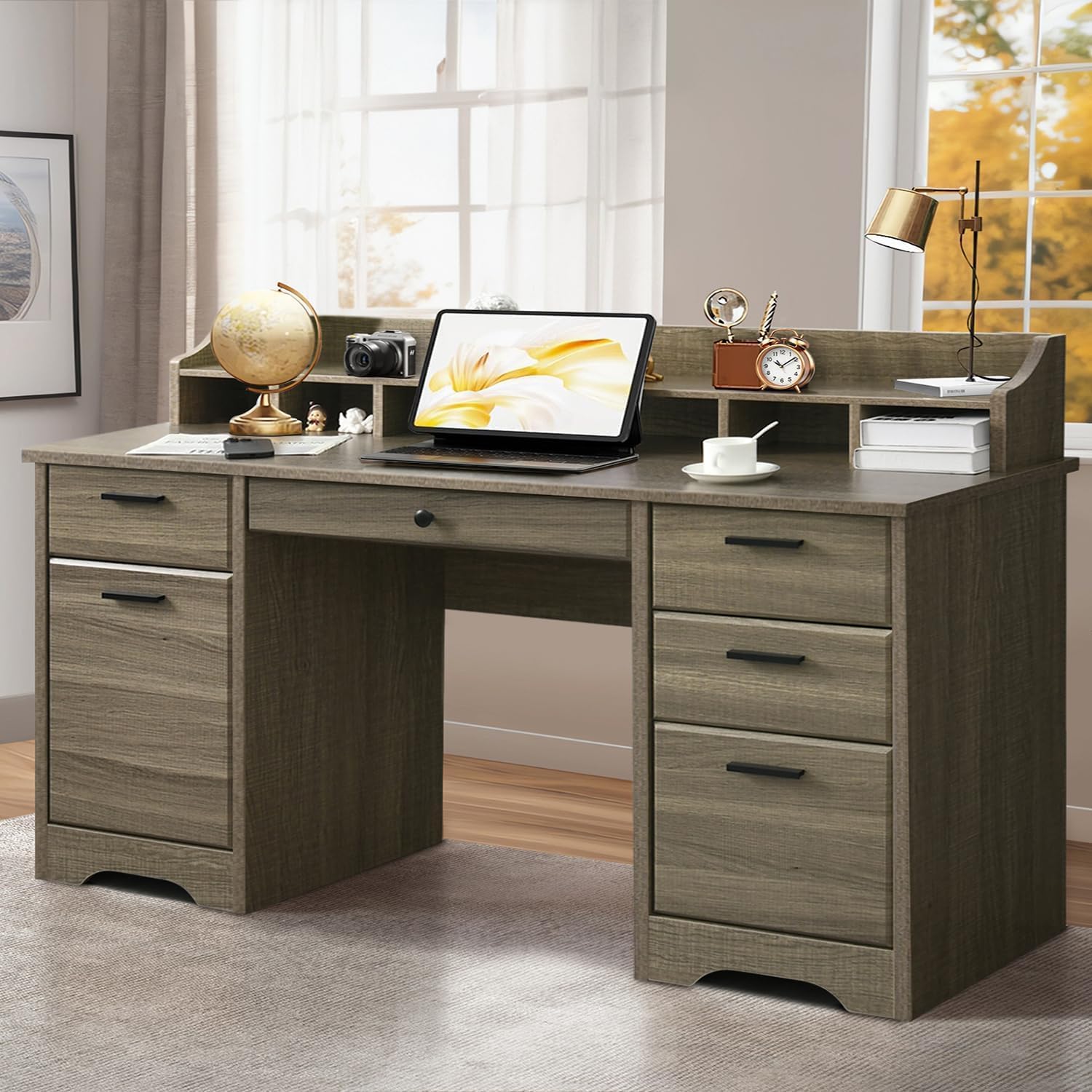 Amazon.com: MaverickFurni Executive Desk with 6 Drawers, 58 Inch Office ...