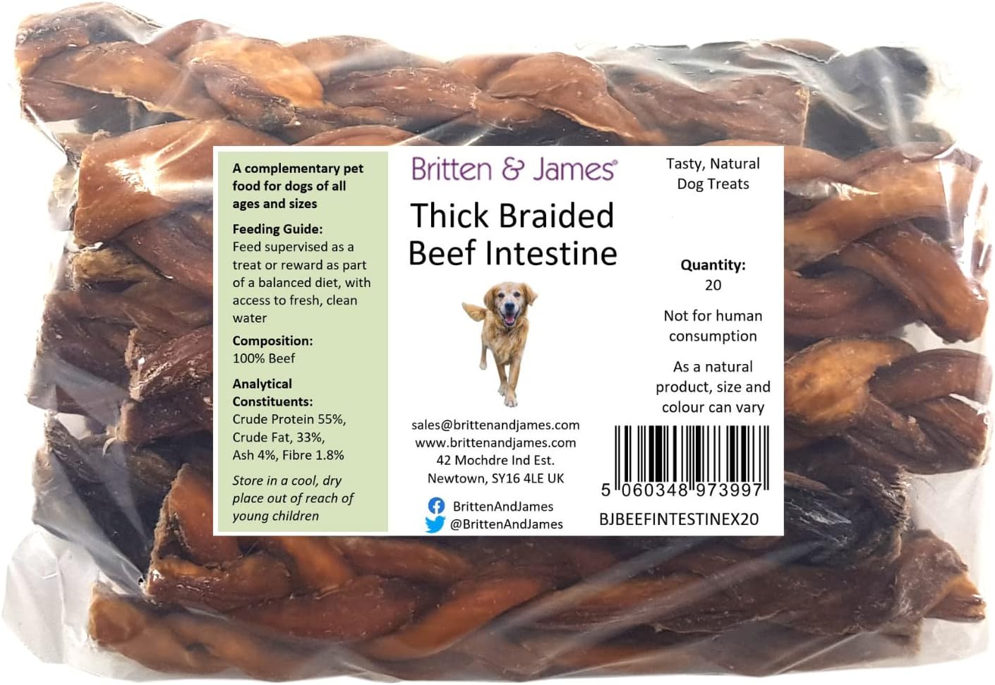 Britten and James 20 Thick Braided Beef Intestine Sticks for Dogs (350g ...