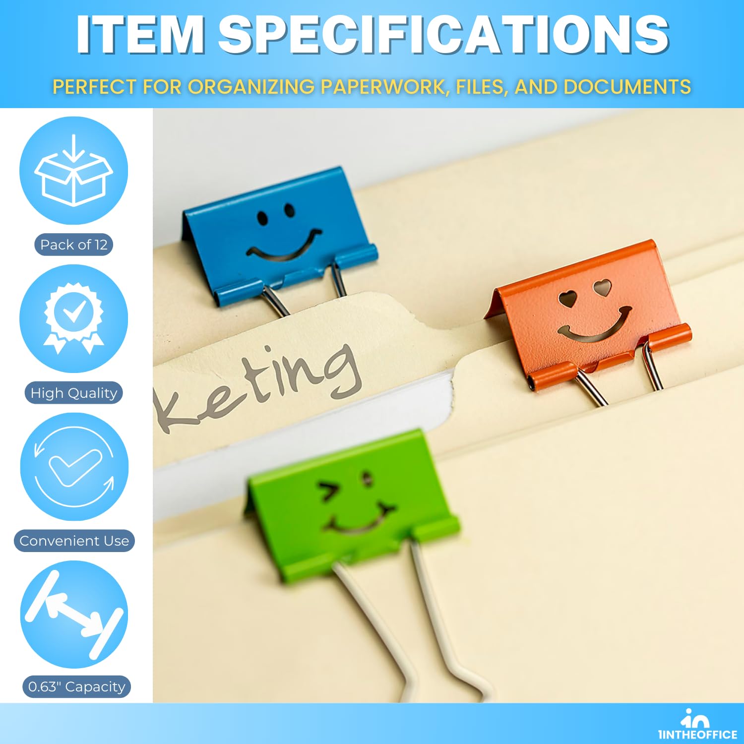 Snapklik.com : 1InTheOffice Medium Cute Colored Smiley Face Binder Clips