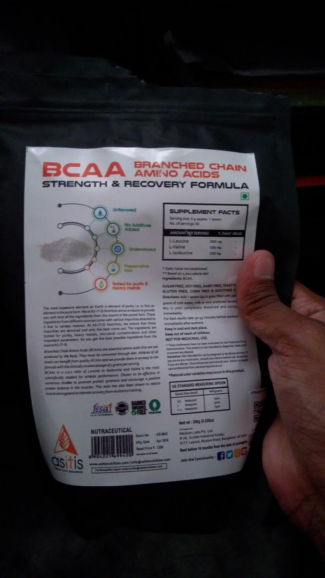 AS-IT-IS Nutrition BCAA 100% Pure Powder Pre/Post Workout Supplement ...