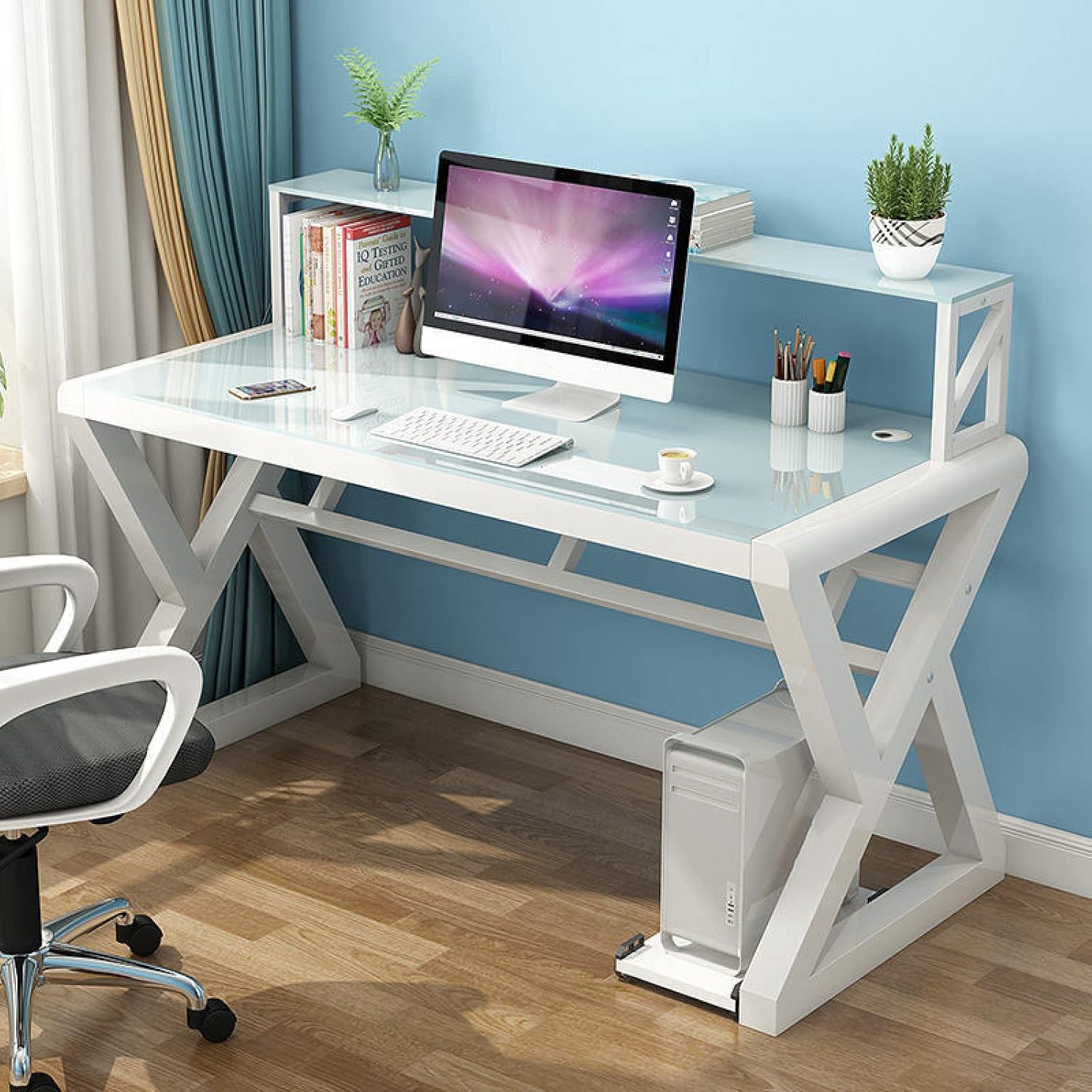 Amazon.com: ALEEIK Tempered Glass Computer Desk with Bookshelf, Modern ...