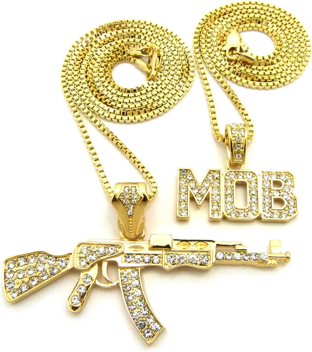 Hip Hop Iced Out MOB, Machine Gun Pendant 24", 30" Box Chain 2 Necklace ...