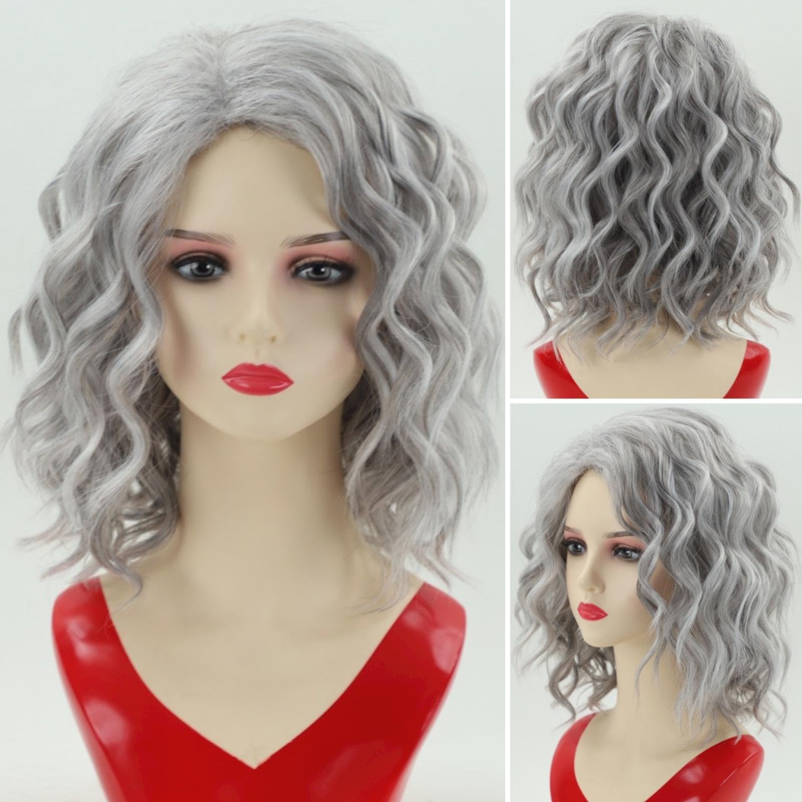 Amazon.com : RENERSHOW Short Gray Wavy Bob Wigs for White Women Medium ...