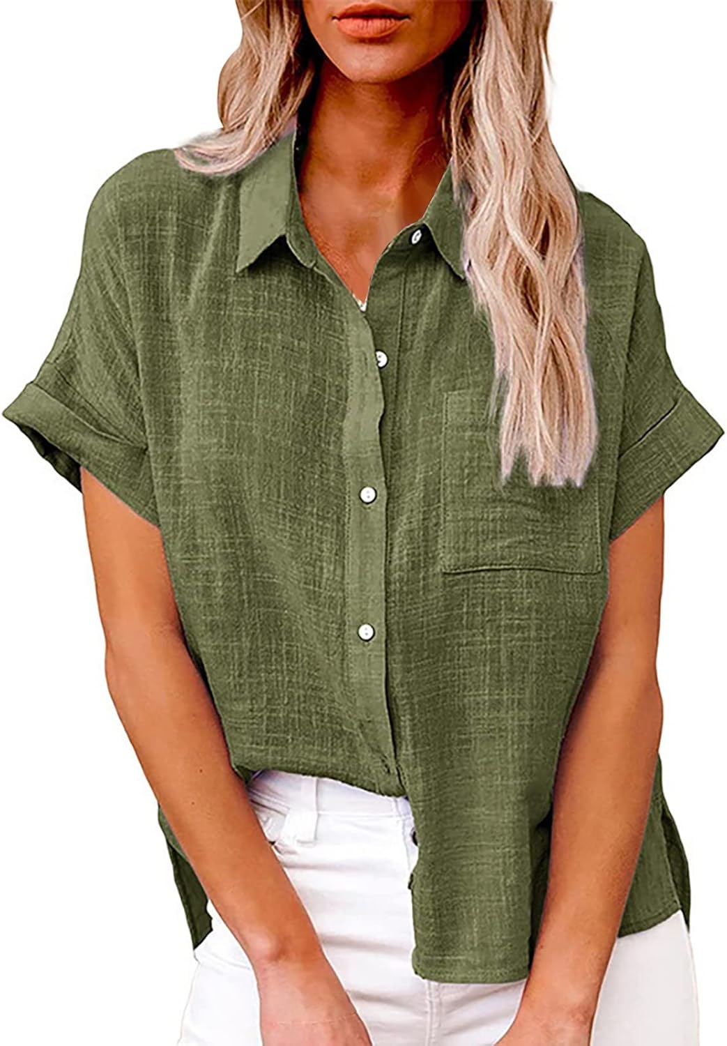 Amazon.com: Womens Button Down Cotton Linen Shirts V Neck Roll Up Short ...