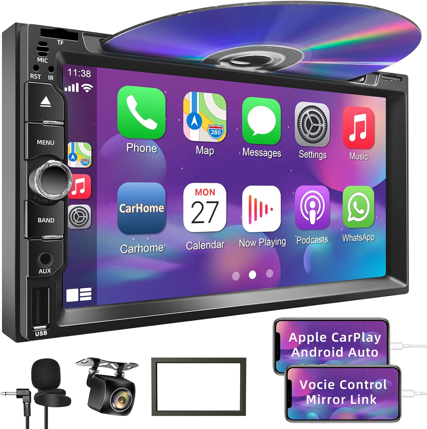 Amazon.com: Double Din car Stereo with CD/DVD Player- CarPlay & Android Auto, Car Audio with ...