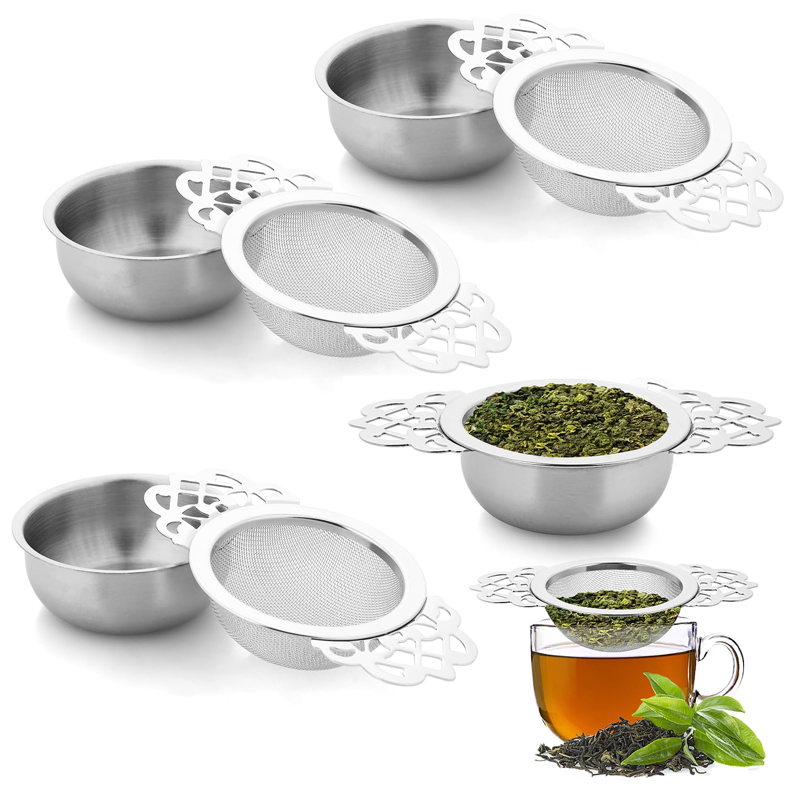 4Packs Small Fine Mesh Tea Strainers with Bowl, Stainless Steel Loose ...
