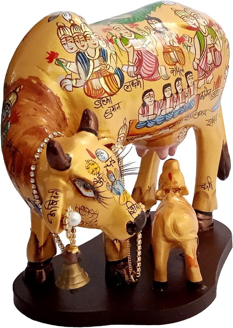 Purpledip Resin Idol Kamdhenu Wish Cow & Calf: Hindu Gods Painted Good ...
