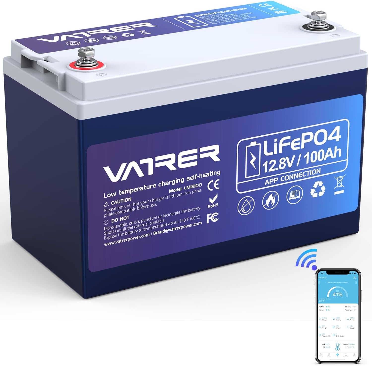 Amazon.com: 12V 100AH Group 24 Low Temp Cutoff Bluetooth LiFePO4 ...