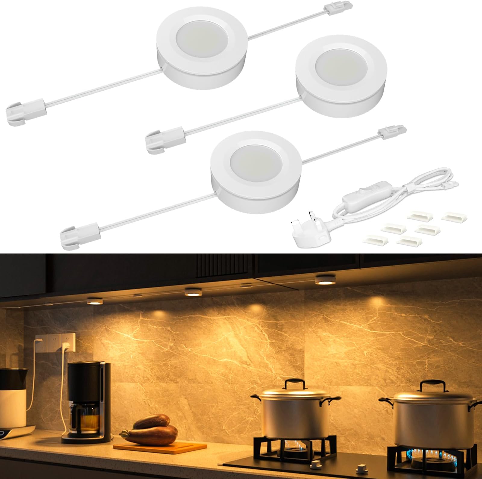 WOBANE Under Cabinet Kitchen Lights,Linkable LED Puck Lights with UK ...