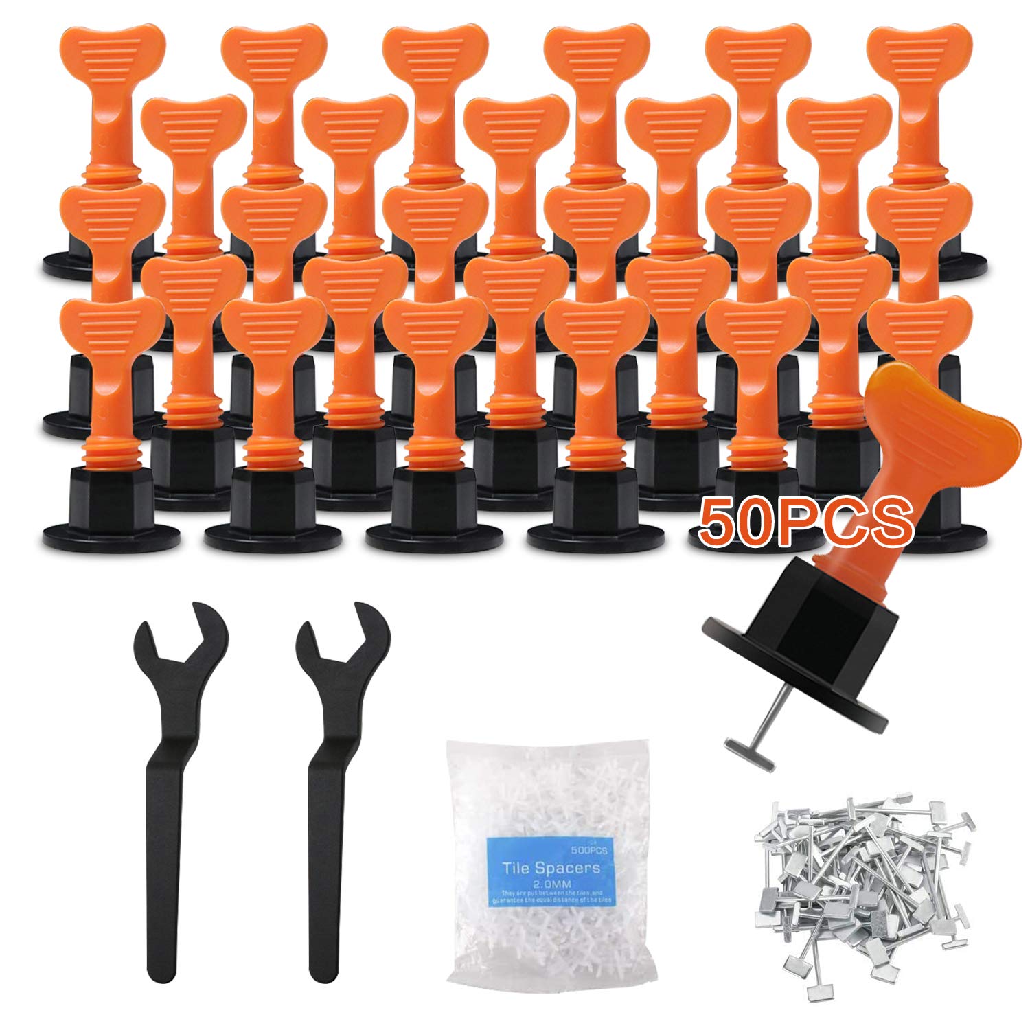 50PCS Tile Leveling System Kits, with Special Wrench 2PCS & 500Pcs 2mm ...