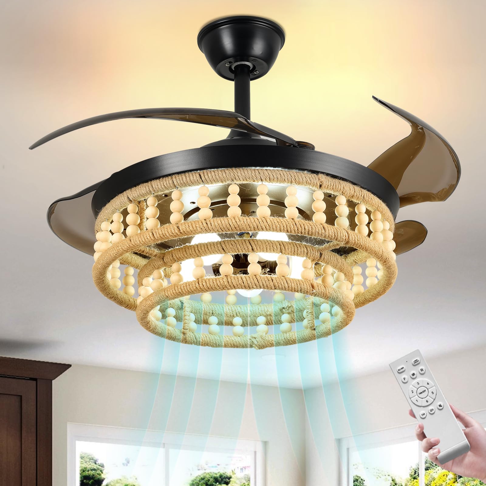 48-Inch Boho Ceiling Fan with Lights - Caged Ceiling Fan with Light ...