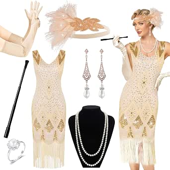 12Pcs 1920s Sequin Fringed Dress with Accessories, Roaring 20's Great ...