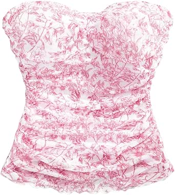 Milumia Women's Floral Mesh Tube Top Ruched Strapless Bandeau Crop Tops ...