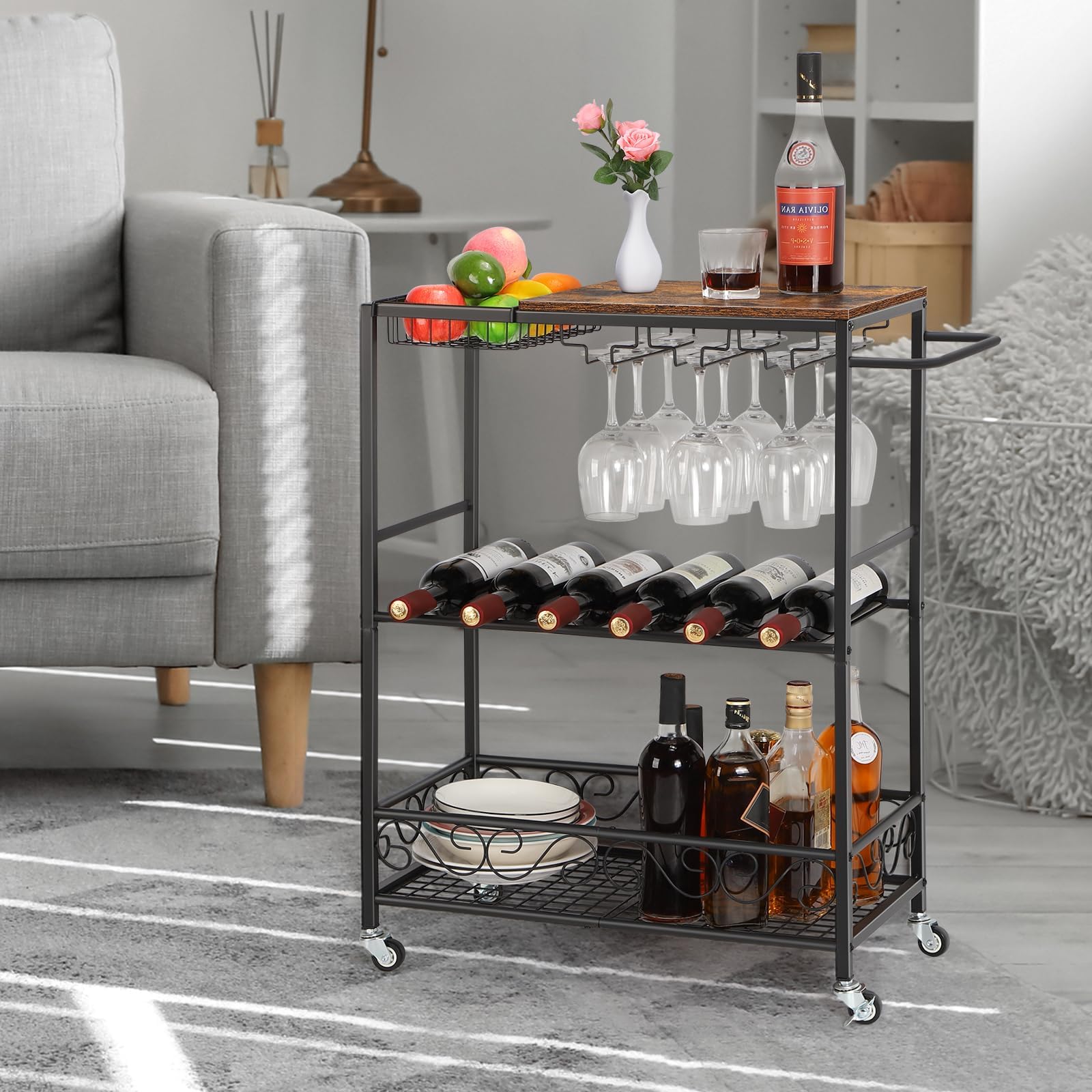 Amazon.com - smusei 3 Tier Liquor Cart with Wine Rack and Glass Holder ...