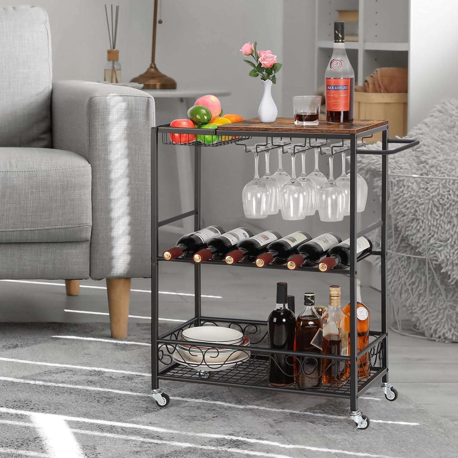 Amazon.com - smusei 3 Tier Liquor Cart with Wine Rack and Glass Holder ...