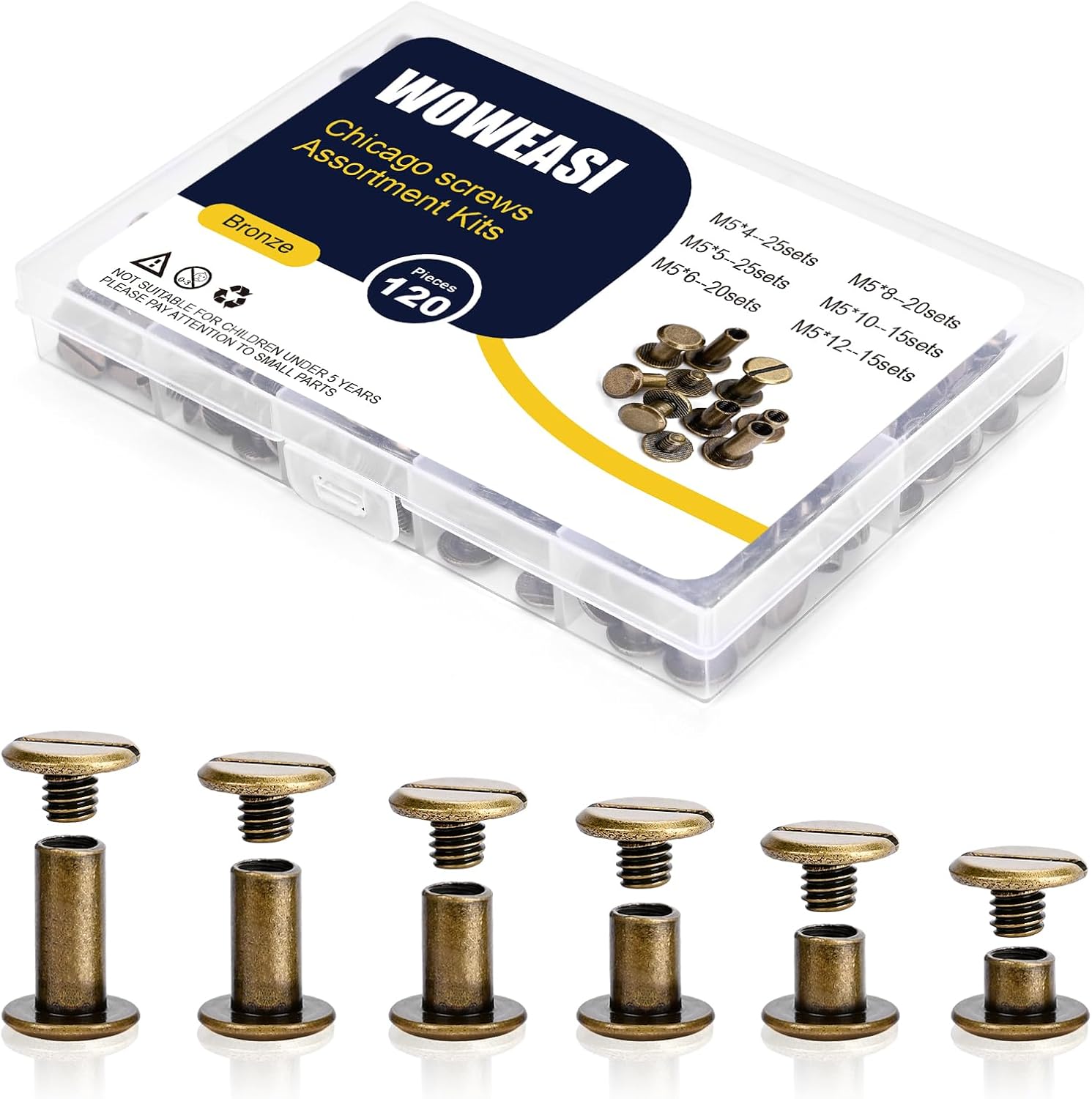 Amazon.com: 120sets Chicago Screws Kit, 6 Sizes Screw Rivets Bronze ...