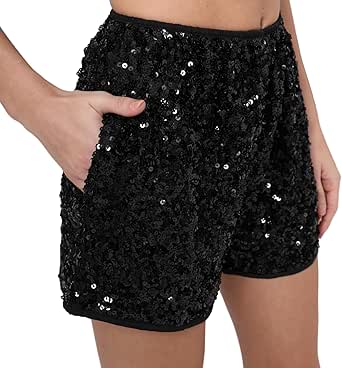 Women's Sequins Shorts Plus Size Elastic High Waist Sparkle Clubwear ...