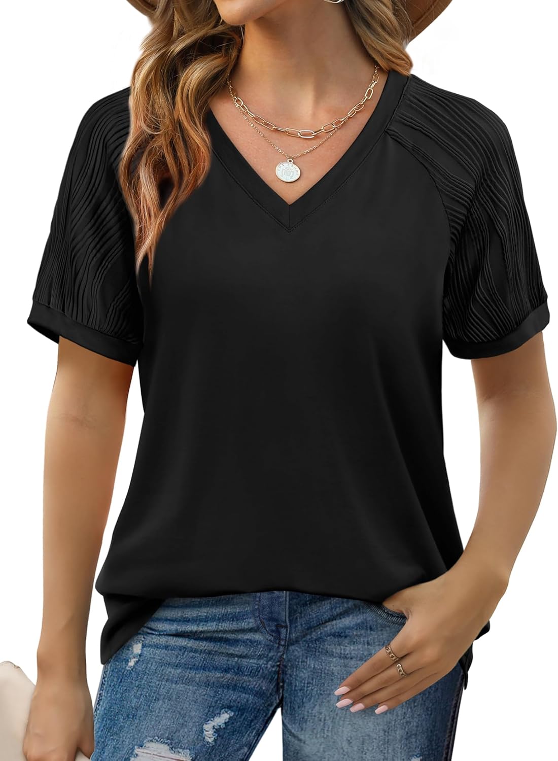 Saloogoe Womens Tops Summer Textured Short Sleeve V Neck T Shirts Loose ...