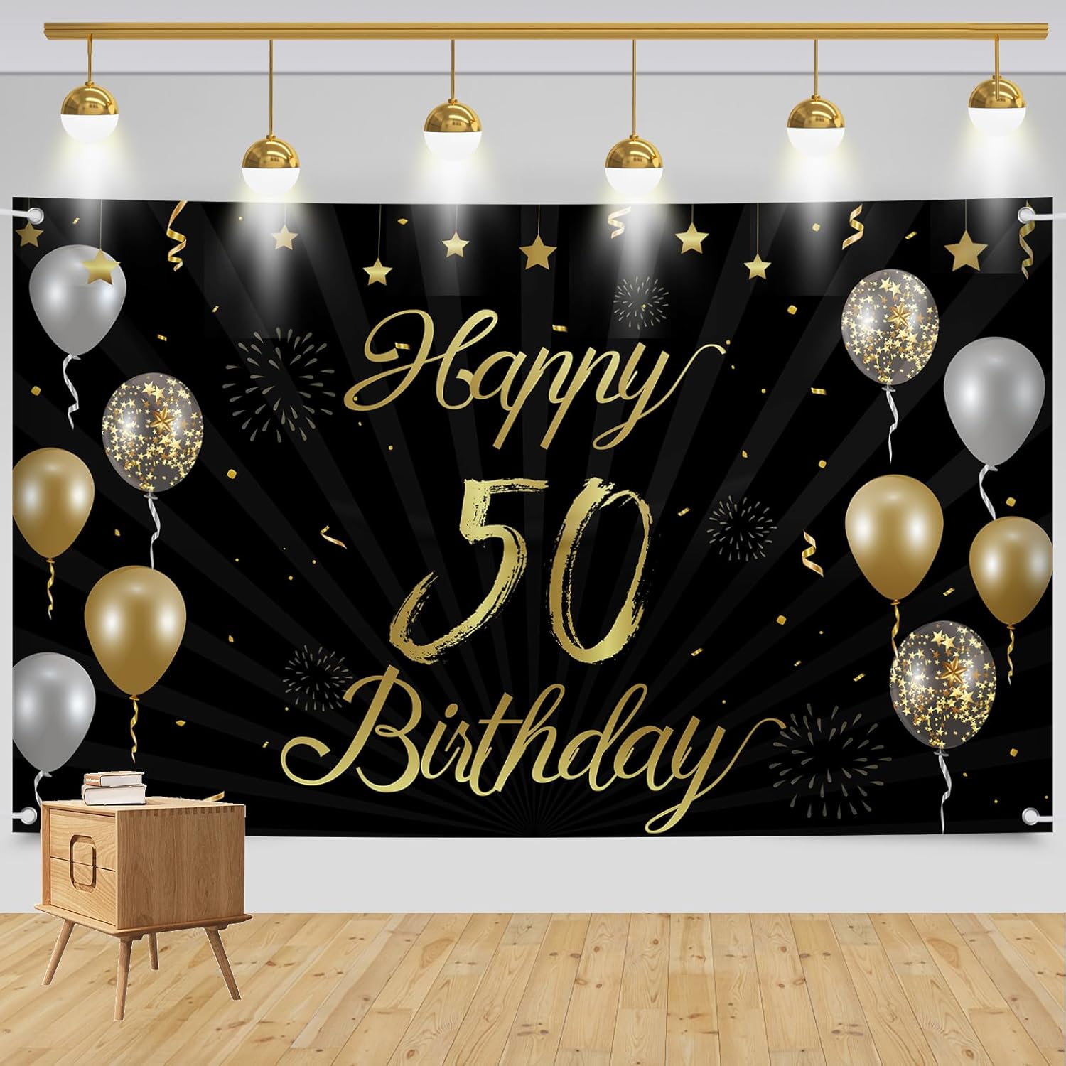 Amazon.com : Large Happy 50th Birthday Backdrop Banner, Black Gold ...
