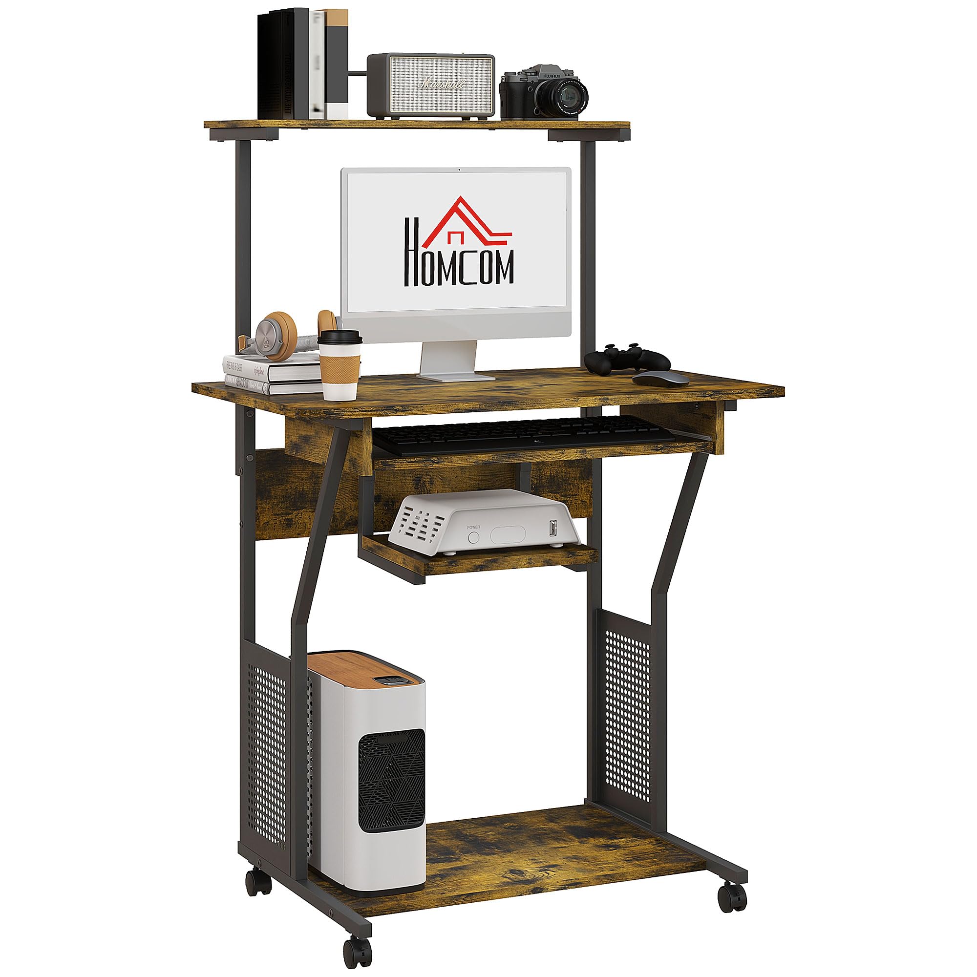 HOMCOM Mobile Computer Desk with Keyboard Tray, Rolling Study Table ...