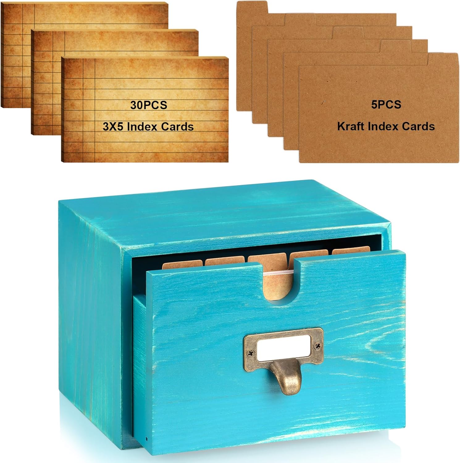 Amazon.com: DLUGOPIS Blue 3x5 Index Card Holder with Drawer Wooden ...