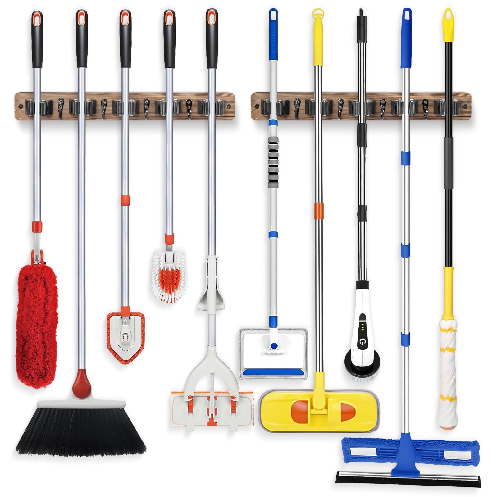 IMILLET Broom Holder Wall Mount, Wood Broom Holder with 5 Racks and 4 ...