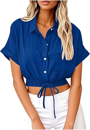 Amazon.com: Womens Cropped Button Down Shirt Drawstring Waist Blouse ...