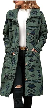 Womens Aztec Print Fleece Shacket Jacket Warm Button Down Long Jackets ...