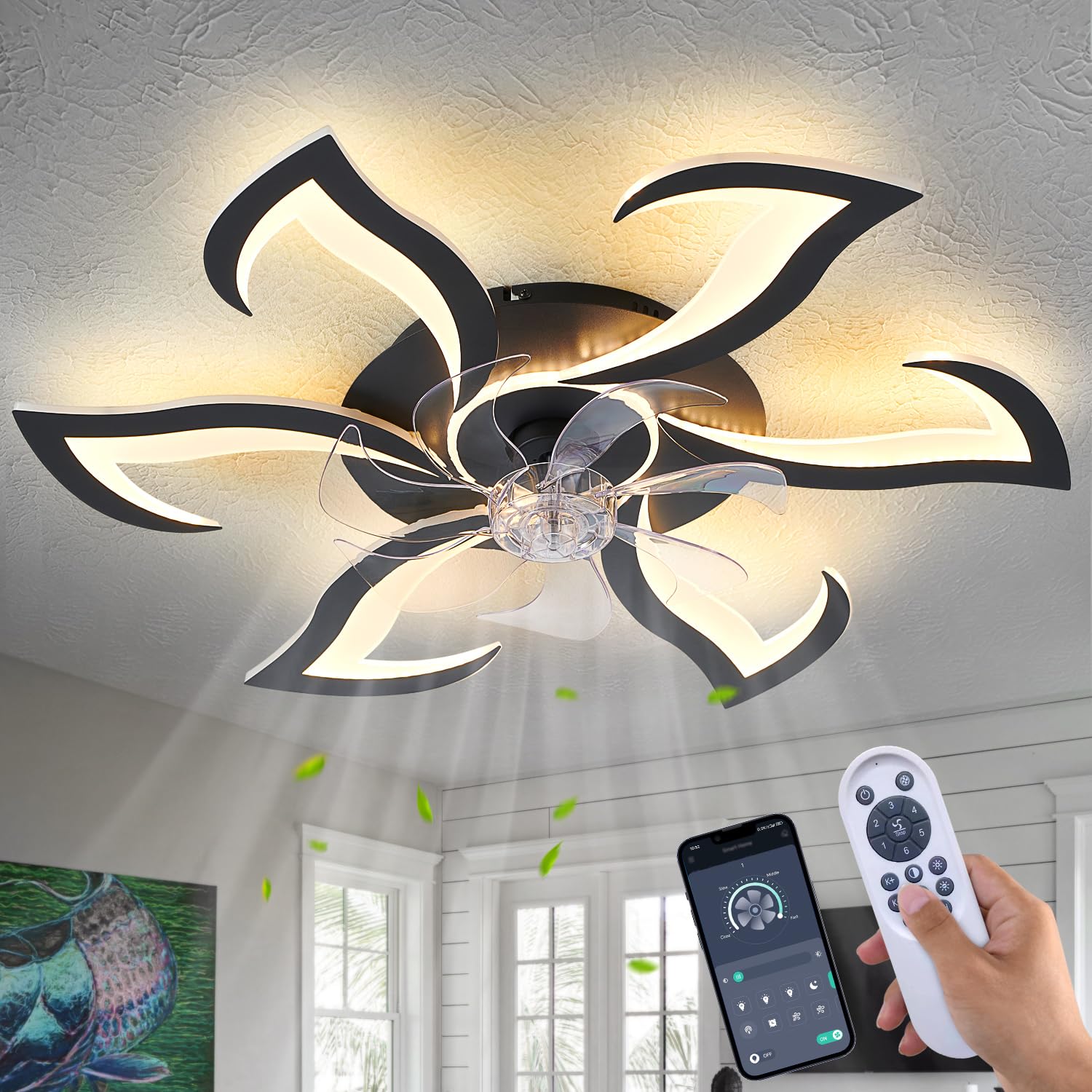Dalouguan Modern Ceiling Fan with Lights and Remote Control, 32" Black ...