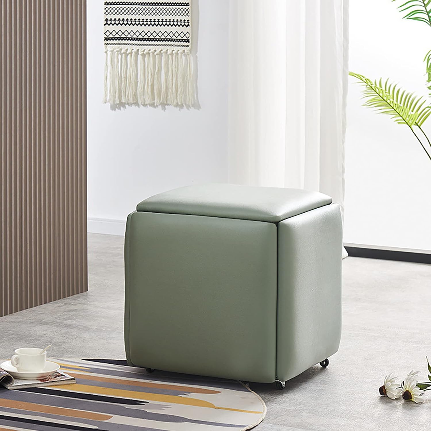 Nesting Ottoman Cube Chair with Wheels - Stackable Foot Rests - Faux PU ...