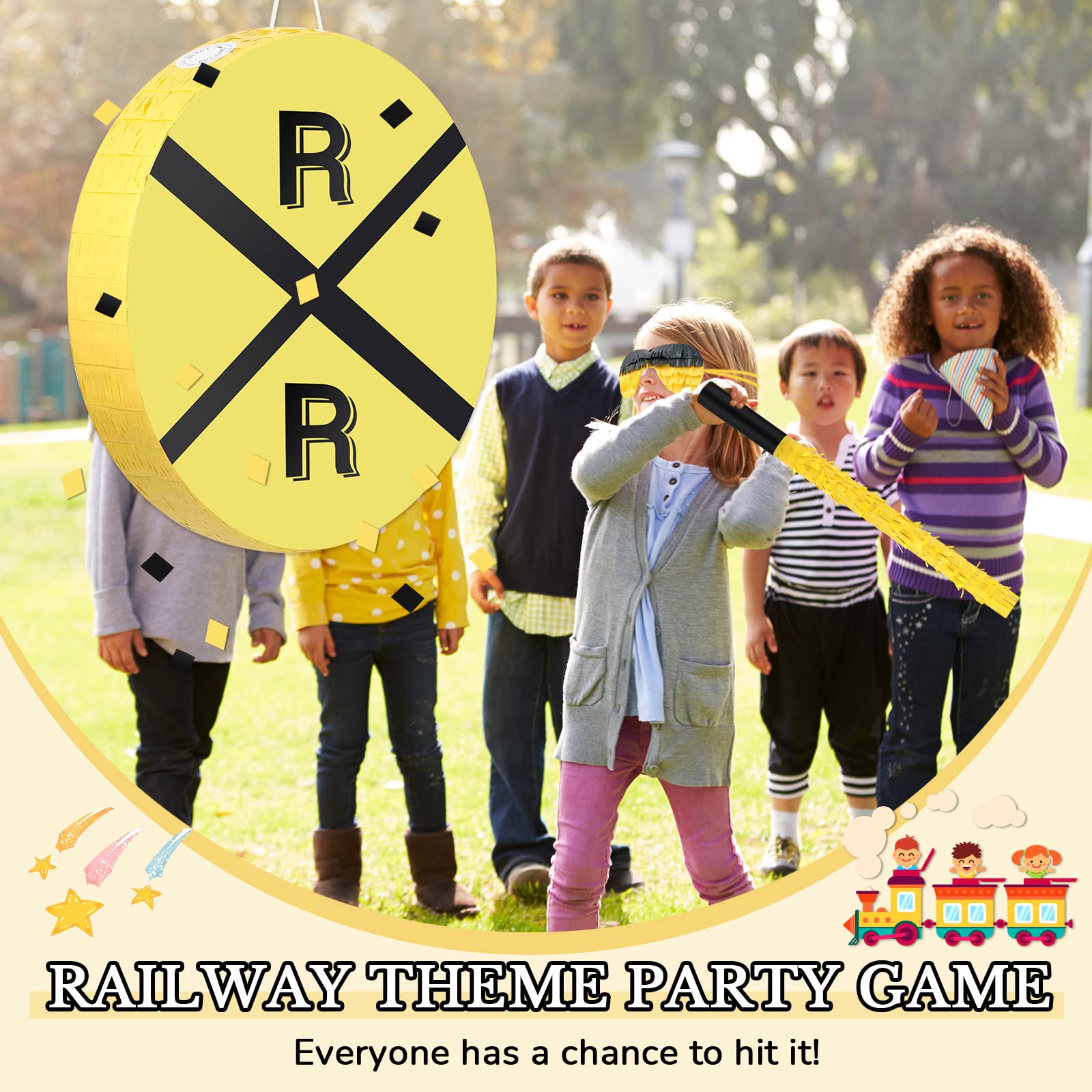 Railroad Crossing Sign Pinata Bundle with a Blindfold and Bat 17.7 x 17 ...