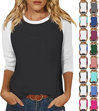 Amazon.com: 3/4 Sleeve Tops for Women Raglan Contrast Crewneck Casual ...