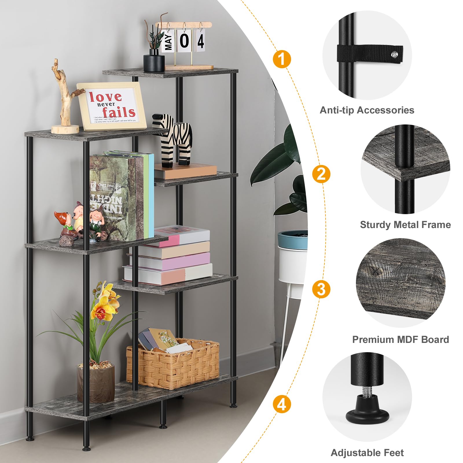 Snapklik.com : BTY Small Bookshelf 6 Tier Solid Wood Bookcase Farmhouse ...