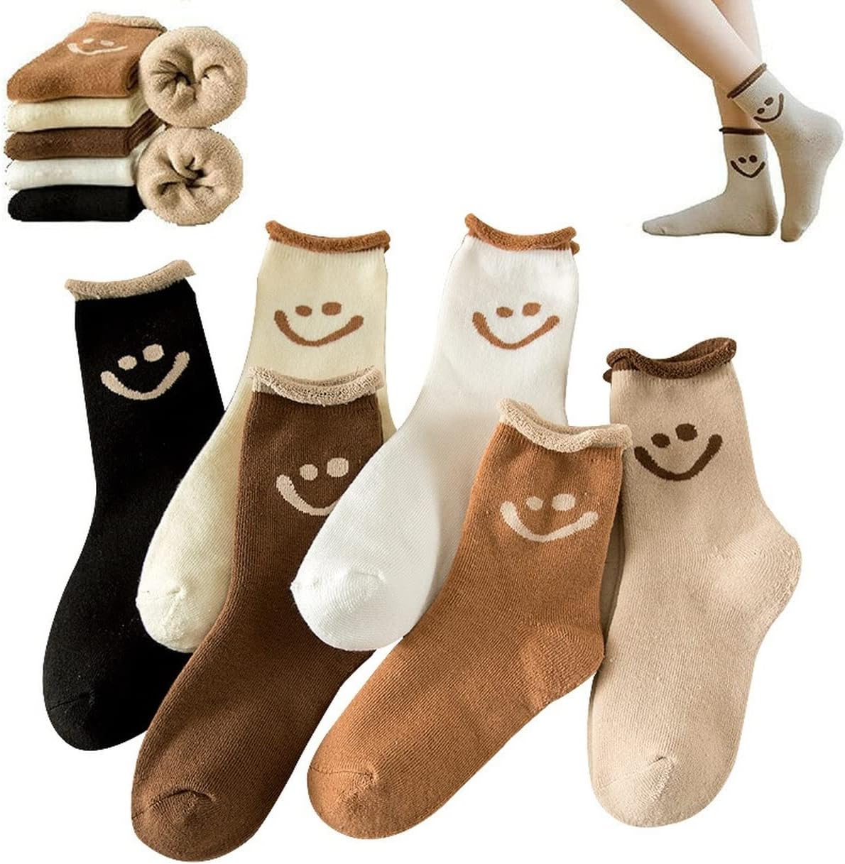 6 Pair Lovely Smile Face Cotton Socks - Cartoon Smiley Face Socks Smile ...