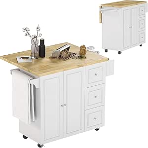 HOMCOM Drop-Leaf Kitchen Island on Wheels with Extendable Rubber Wood ...