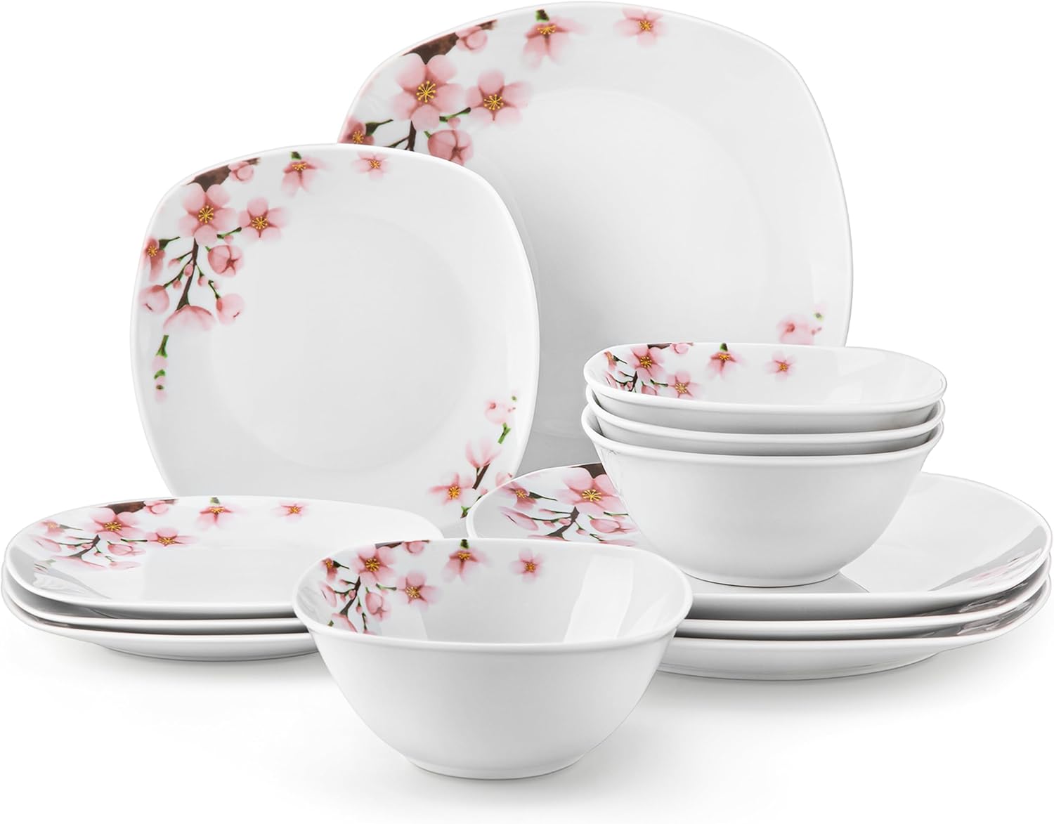 VEWEET Porcelain Dinnerware Set with Pink Floral, 12 PCS Including ...
