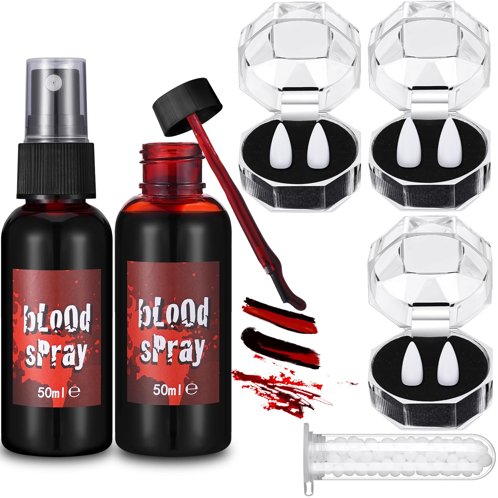 Amazon.com: 2 PCS Halloween Fake Blood Makeup Kit 3 Size Vampire Teeth ...