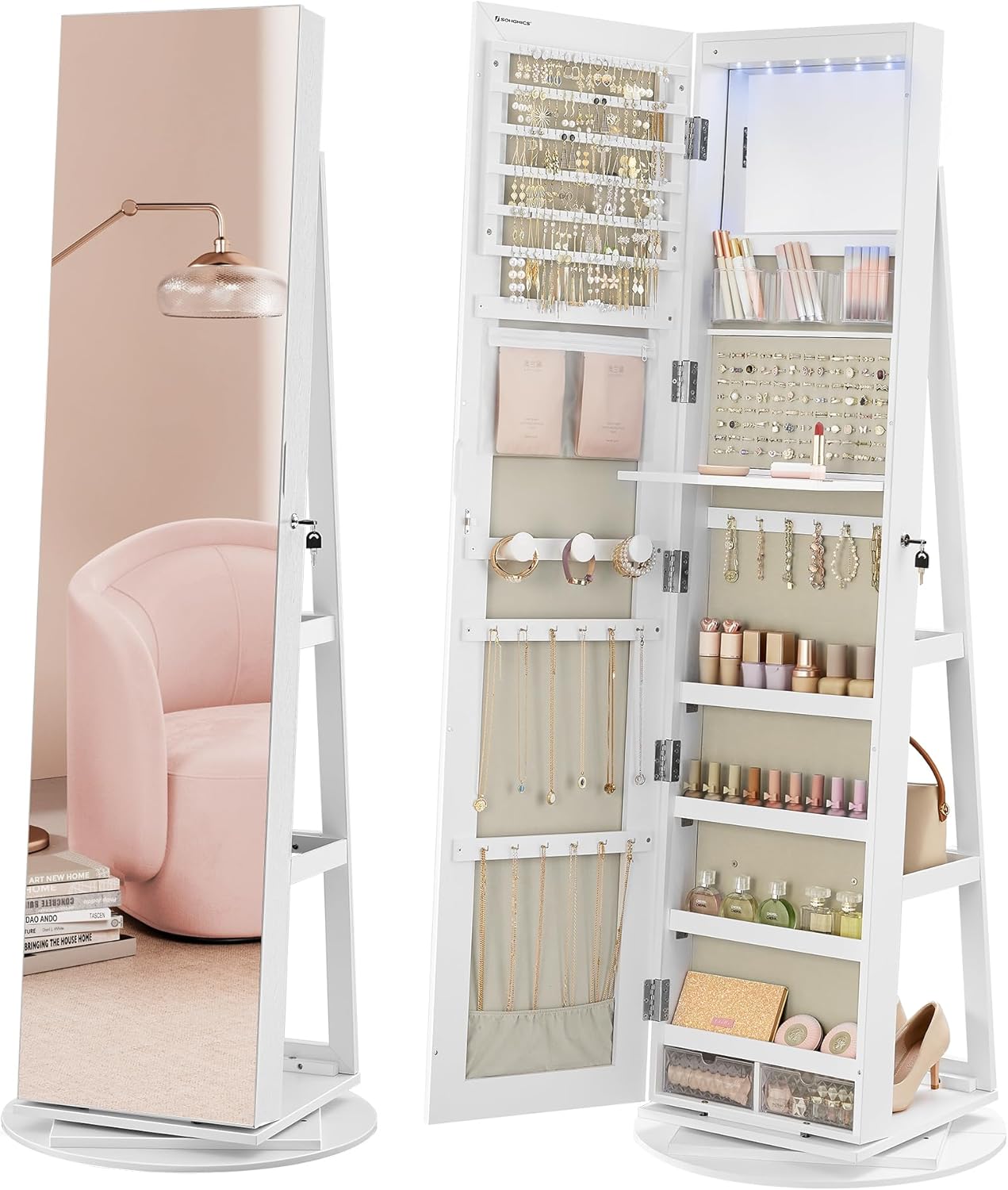 Amazon.com: SONGMICS 6 LEDs Lockable Mirror Jewelry Cabinet, 360 ...