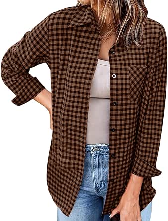 Long Sleeve Plaid Shirt for Women Flannel Button Down Shirts Buffalo ...