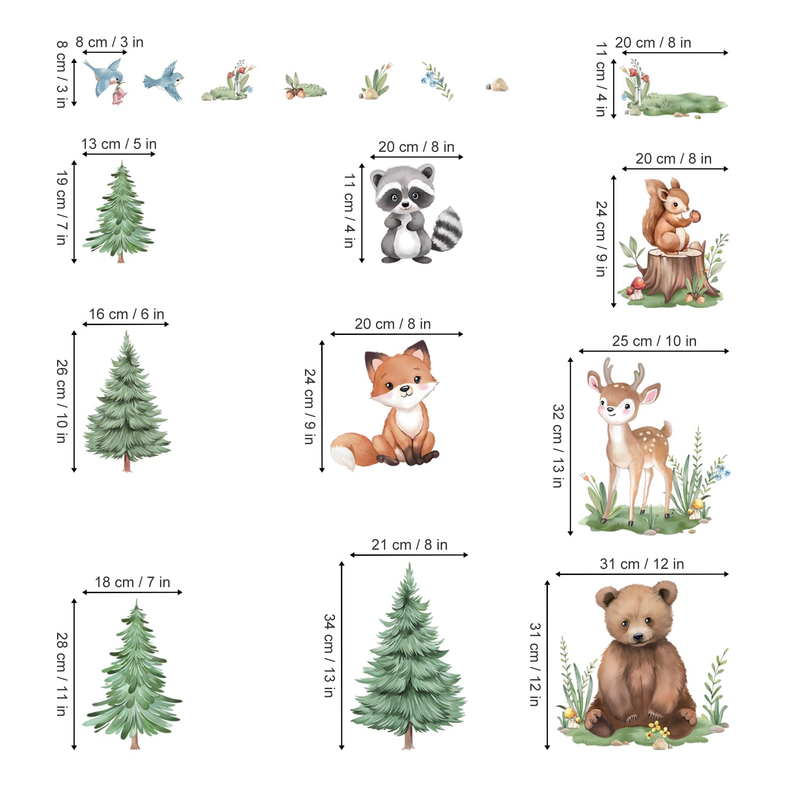 wondever Kids Pine Tree Animals Wall Stickers Woodland Bear Deer Fox ...