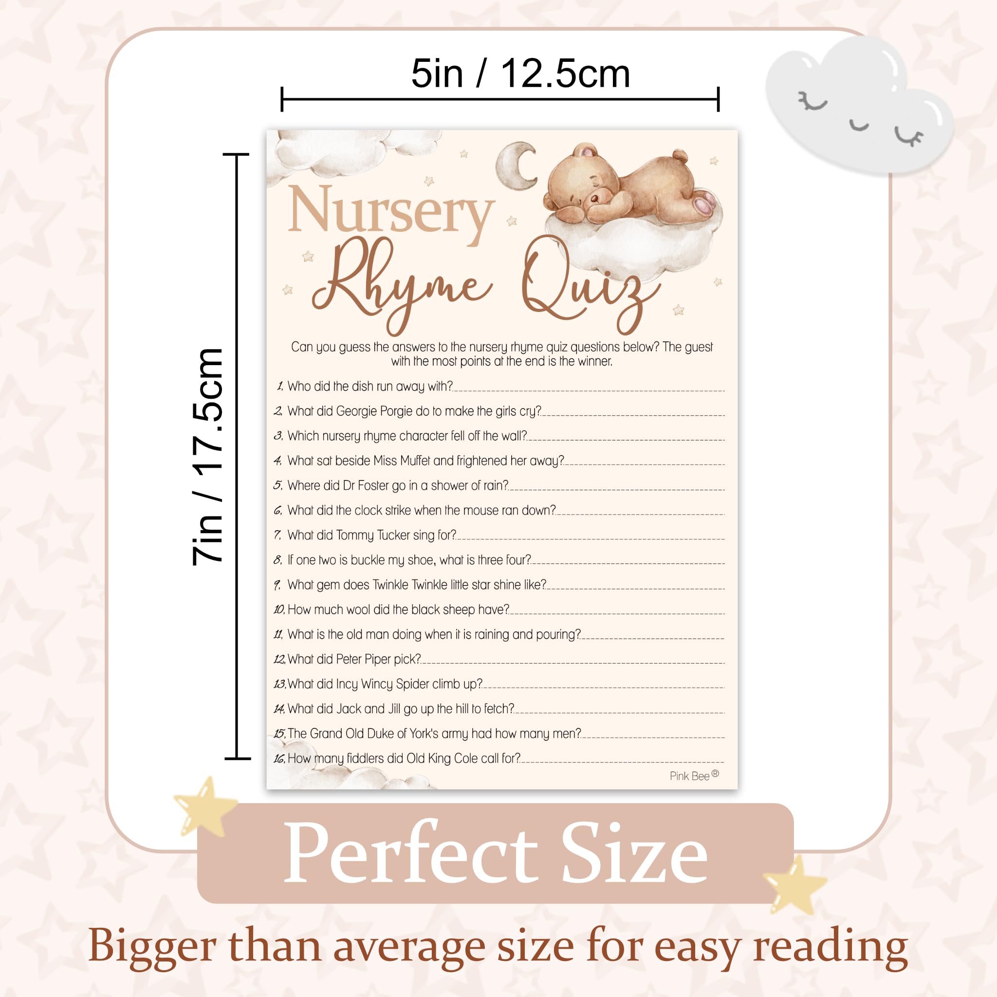 Pink Bee Parties Nursery Rhyme Quiz Baby Shower Game in Teddy Bear ...