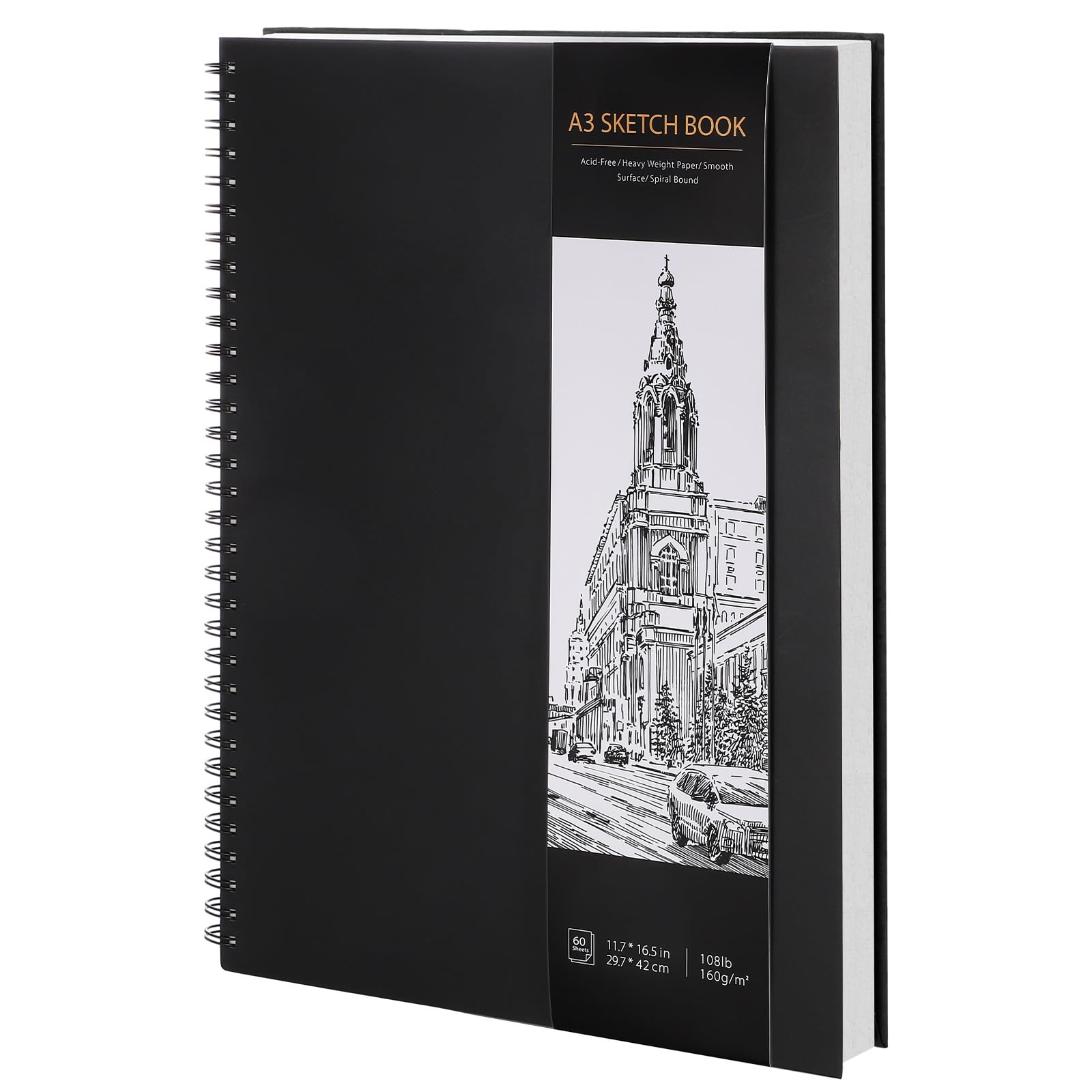 A3 Sketchbook, Spiral Sketch Book with 160gsm Thick Paper - Black ...