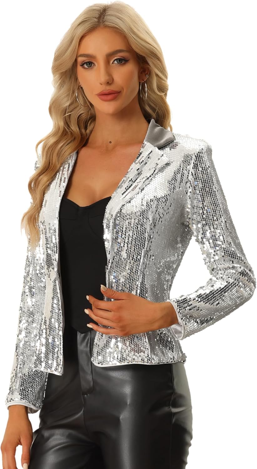 Allegra K Sequin Jacket for Women's Party Sparkly Shiny Jackets at ...