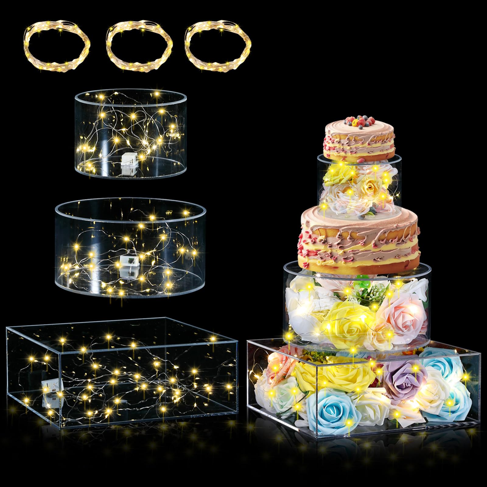 Bokon 3 Pcs Acrylic Fillable Cake Stand Clear Cake Riser with LED ...