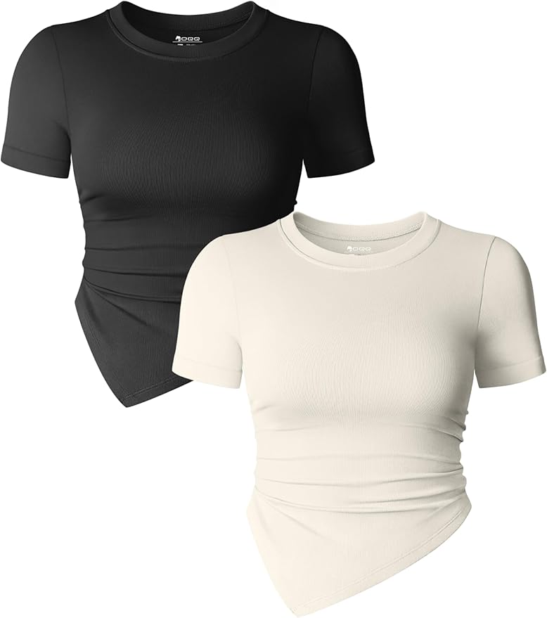 OQQ Women's 2 Piece Tops Short Sleeve Crew Neck Ruched Stretch Fitted ...
