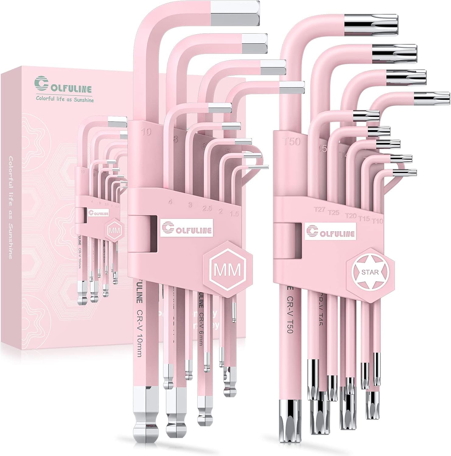 COLFULINE 18PCS Pink Allen Key Set + Torx Key Set, Ball End Alan Keys ...