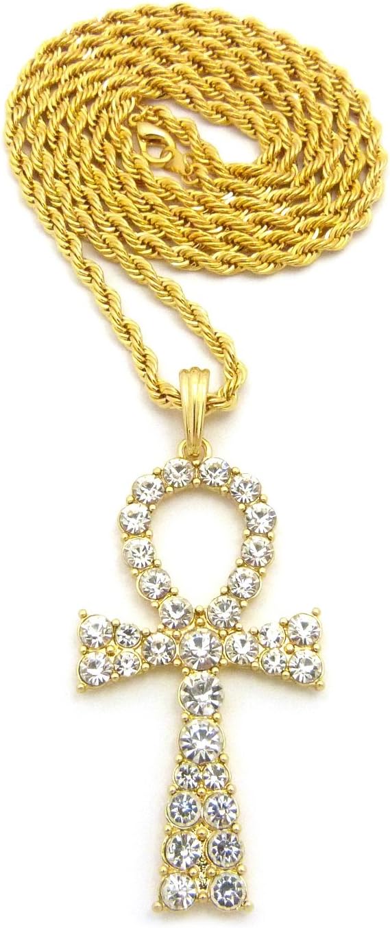 Egyptian Iced Out Ankh Pendant 4mm 36" Rope Chain Necklace Gold Tone ...